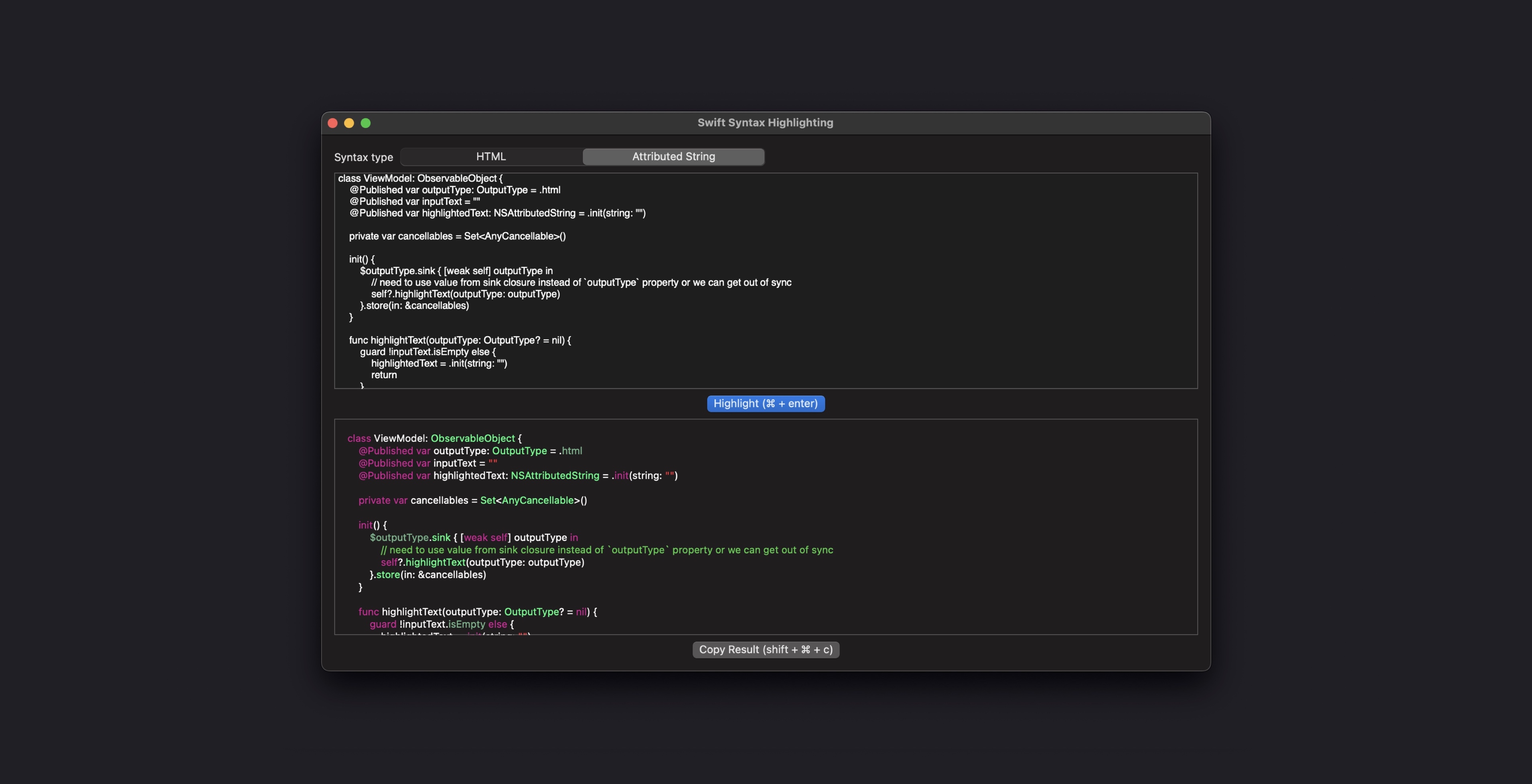 I made a Swift syntax highlighting app | The Swift Dev Blog